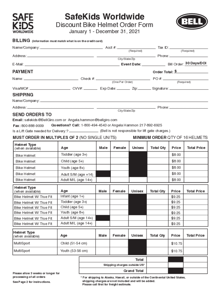 Fillable Online SafeKids Worldwide - Discount Bike Helmet Order Form ...