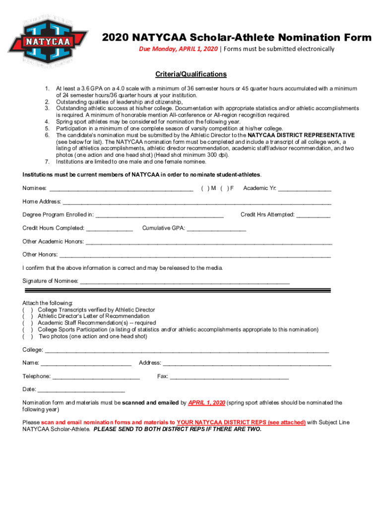 Fillable Online NATYCAA is Now Accepting Scholar-Athlete Nominations ...
