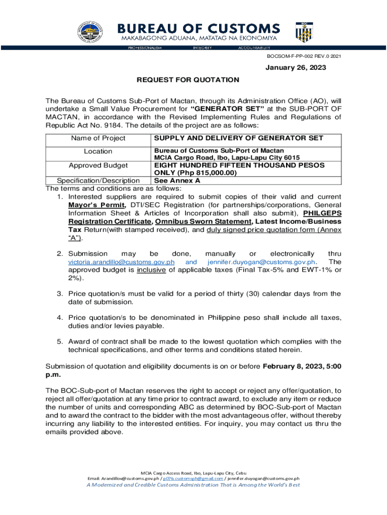 Fillable Online Request for Quotation of the BOC... - Bureau of Customs PH Fax Email Print ...