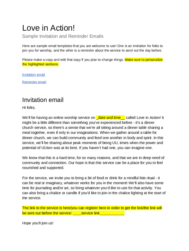 Sample Invitation and Reminder Emails Doc Template | pdfFiller