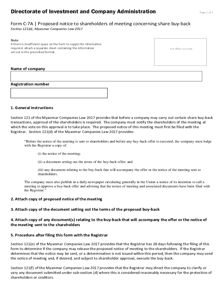 Fillable Online FORM C7A - ProposedNoticetoshareholderssharebuyback. Form 1Application for ...