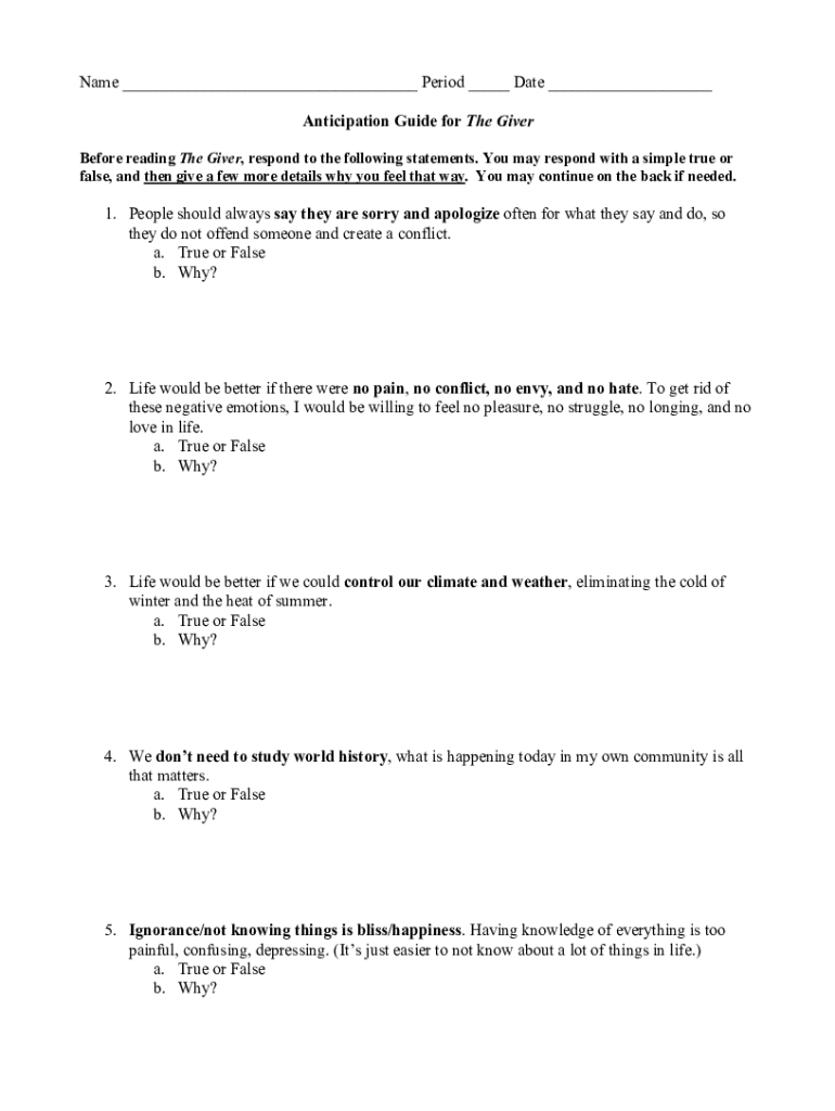 Fillable Online Anticipation Guide for The Giver.dotx - Name Period Fax ...