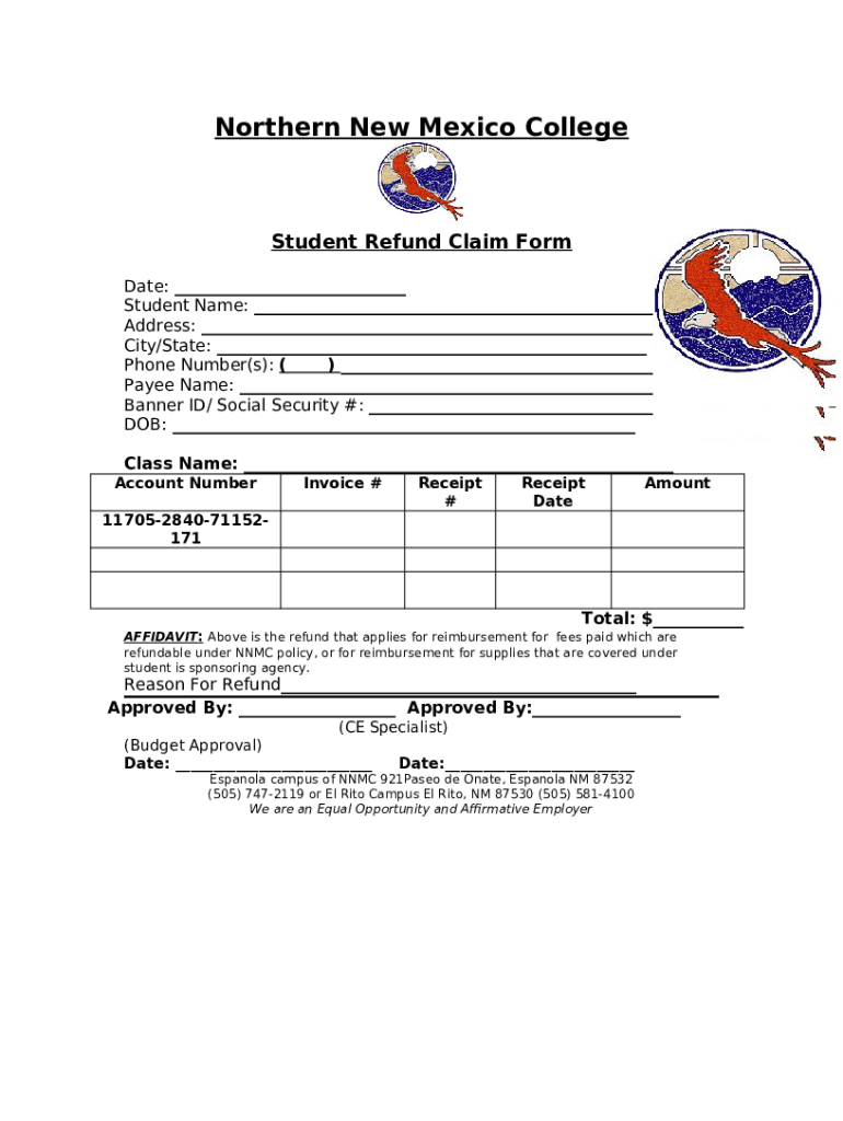 Northern New Mexico College Student Refund Claim Doc Template | pdfFiller