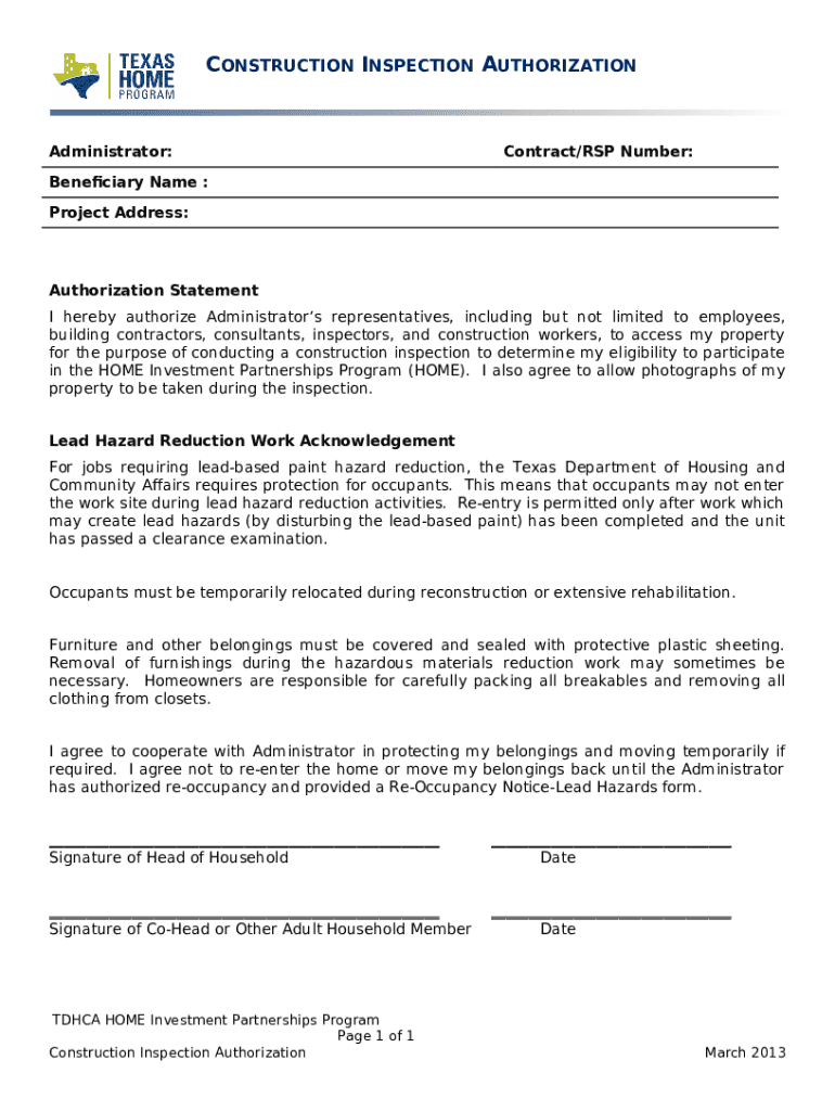 Construction Inspection Authorization Doc Template | pdfFiller