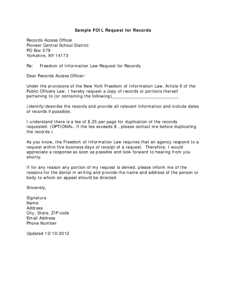 Fillable Online Sample FOIL Request for Records Records Access Officer Fax Email Print - pdfFiller