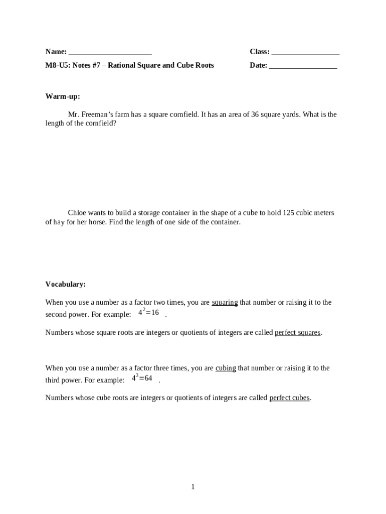 M8-U5% Notes #7- Rational Square and Cube Roots Doc Template | pdfFiller