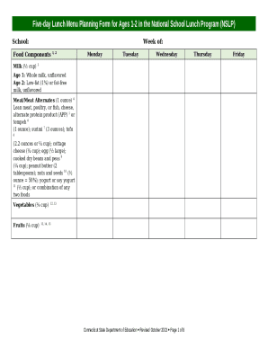 Fiveday Lunch Menu Planning for Ages 1-2 in the NSLP Doc Template ...