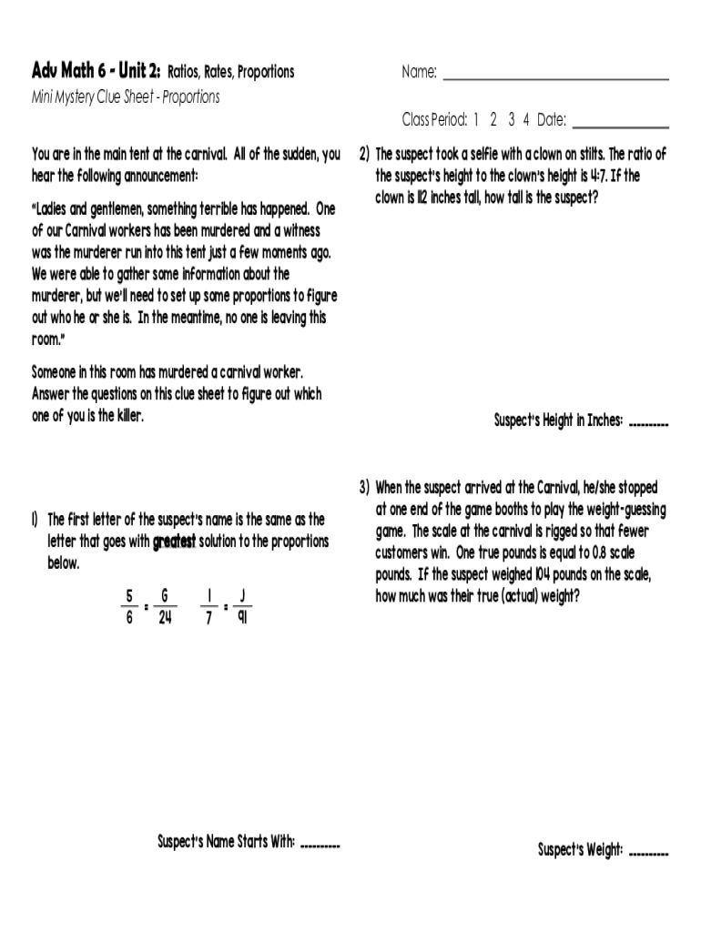 Fillable Online Ratios & Proportions Mini-Mystery CLUE Sheet Name Fax ...