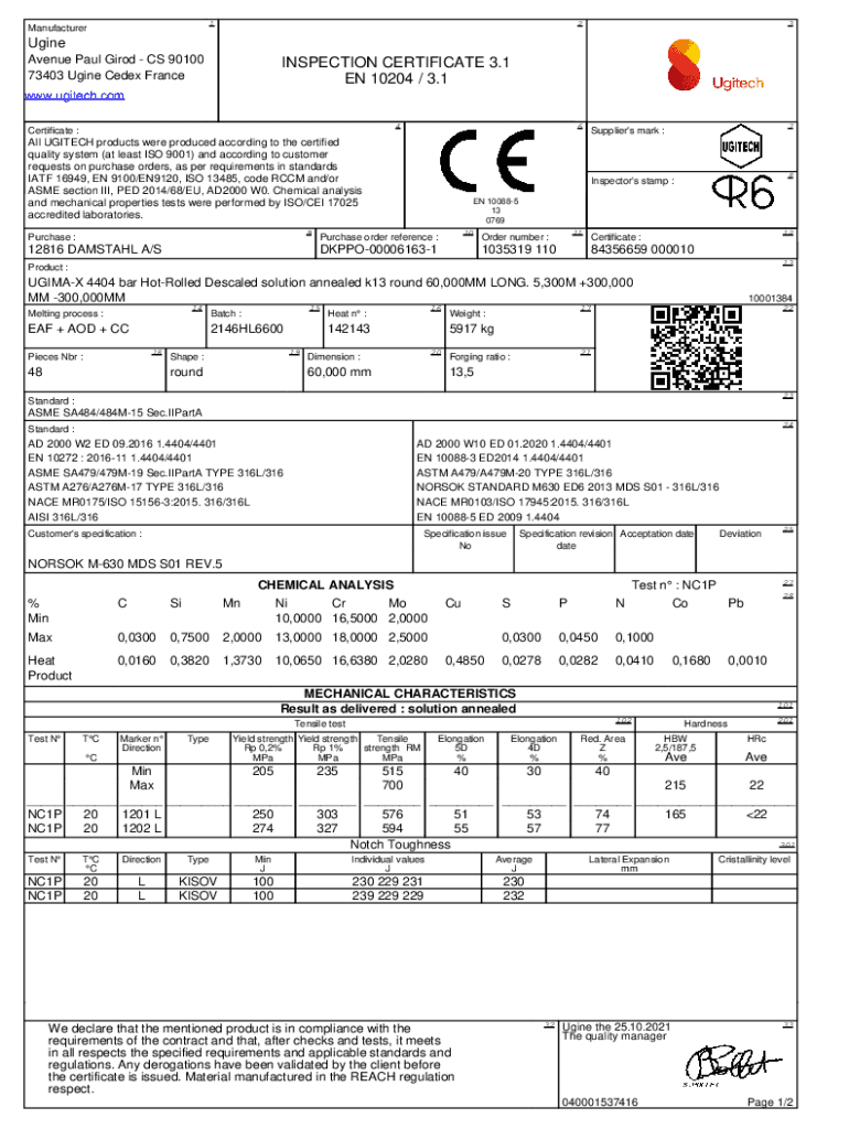 Fillable Online inspection certificate 3.1 certificat de reception ...