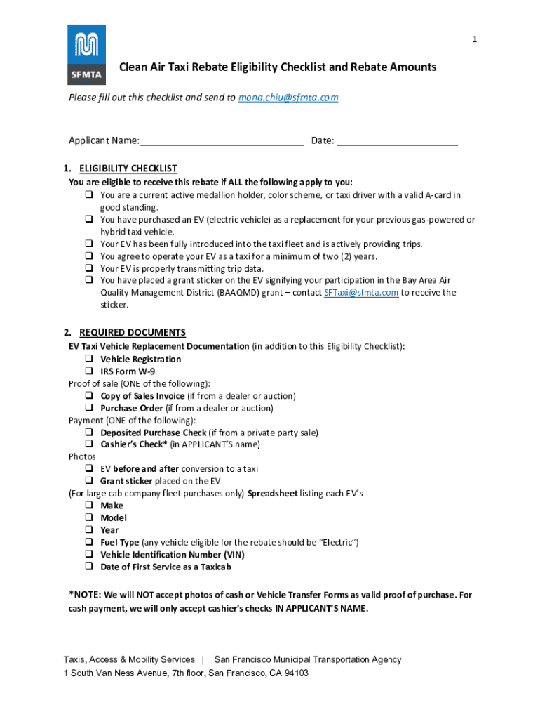 Fillable Online Clean Air Taxi Rebate Eligibility Checklist and ... Fax ...