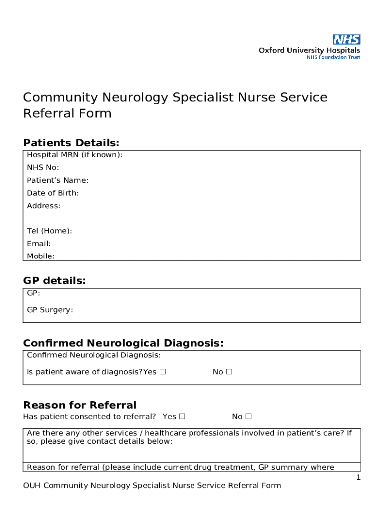 Community Neurology Specialist Nurse Service Referral Doc Template ...