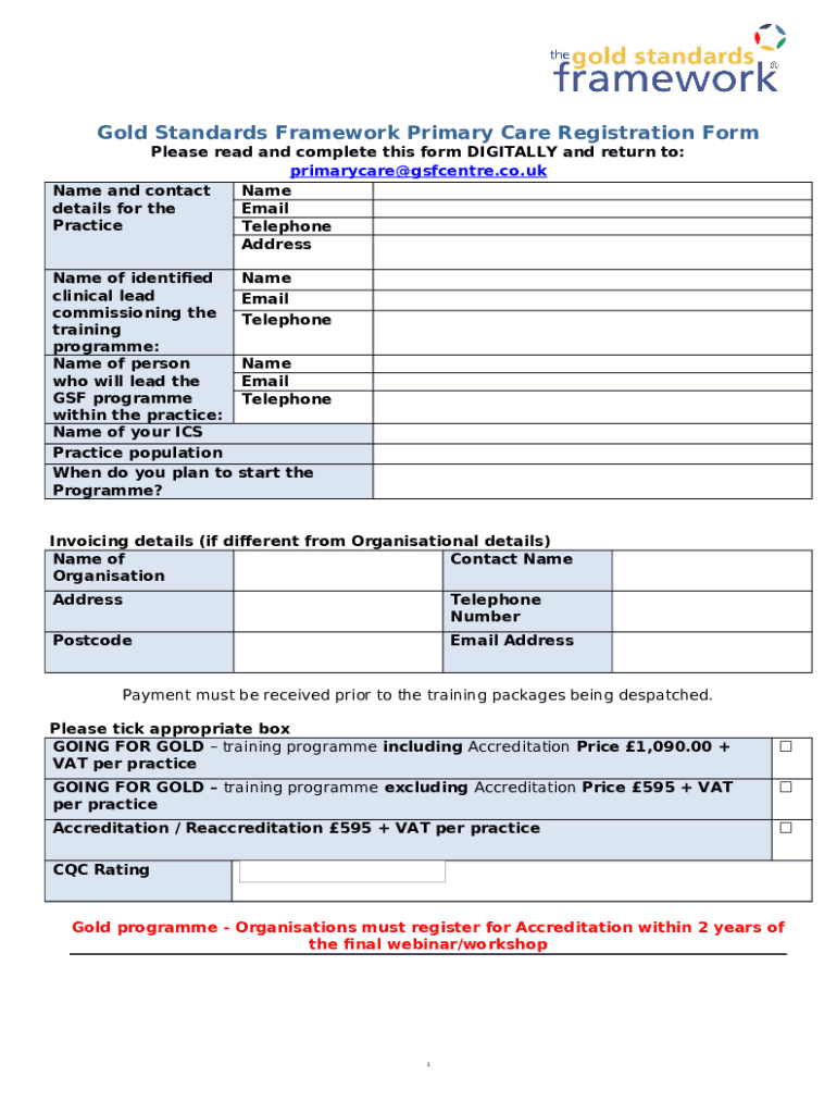 Gold Standards Framework Primary Care Registration Doc Template | pdfFiller