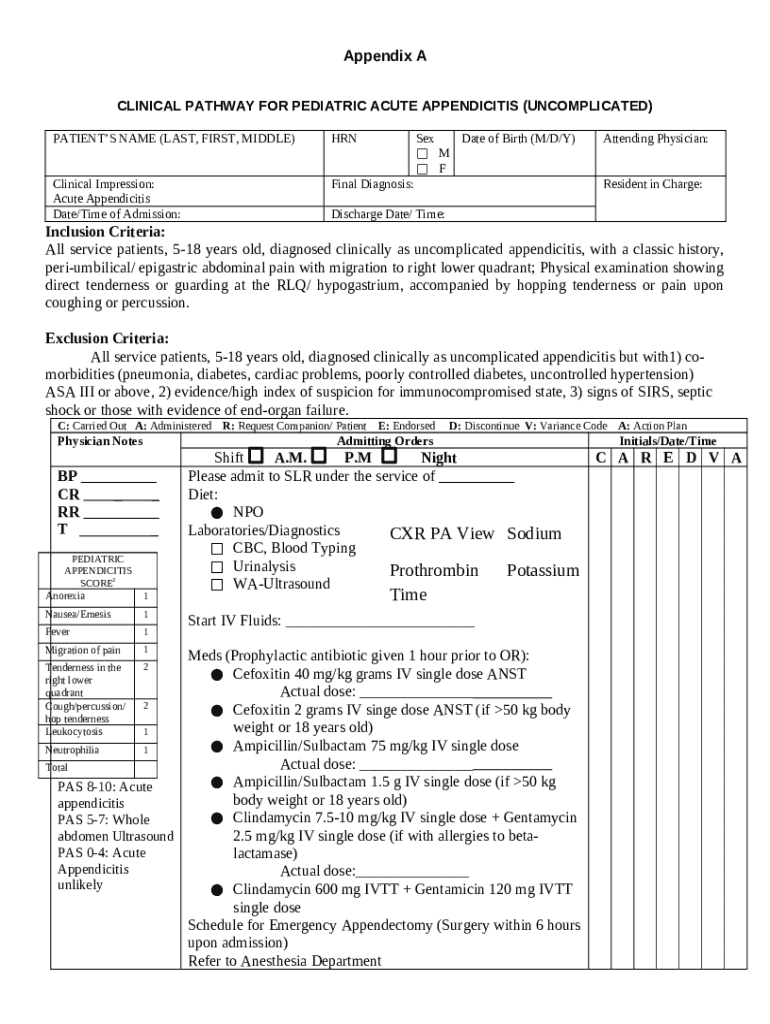 Appendicitis Clinical PathwayEmergency Department Doc Template | pdfFiller