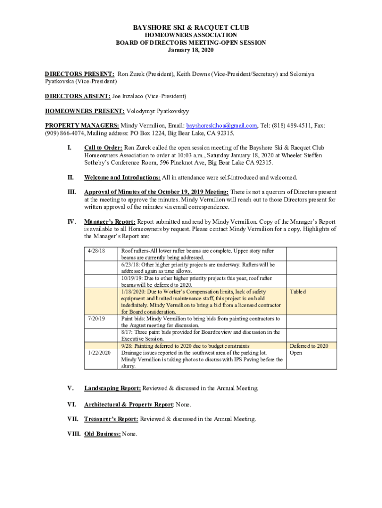 Fillable Online DIRECTORS PRESENT: Ron Zurek (President), Keith Downs ...