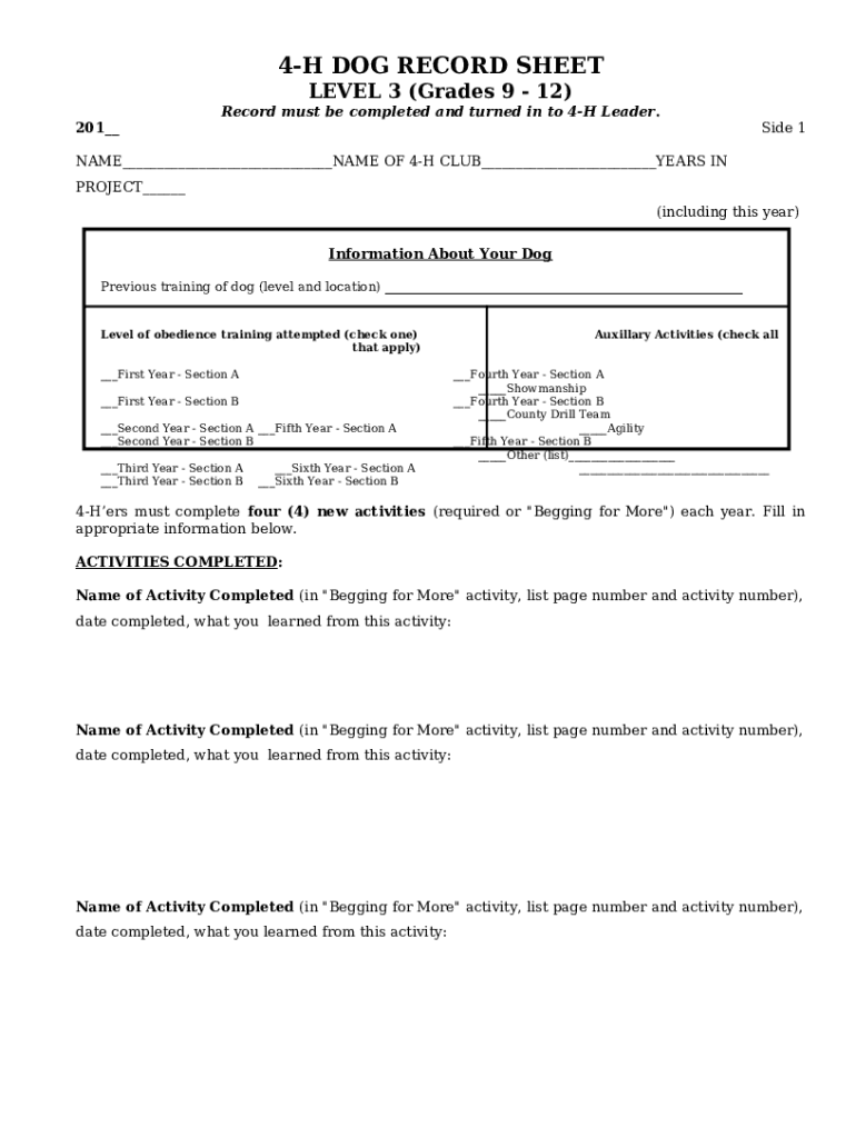 4-H DOG RECORD SHEET - extension purdue Doc Template | pdfFiller