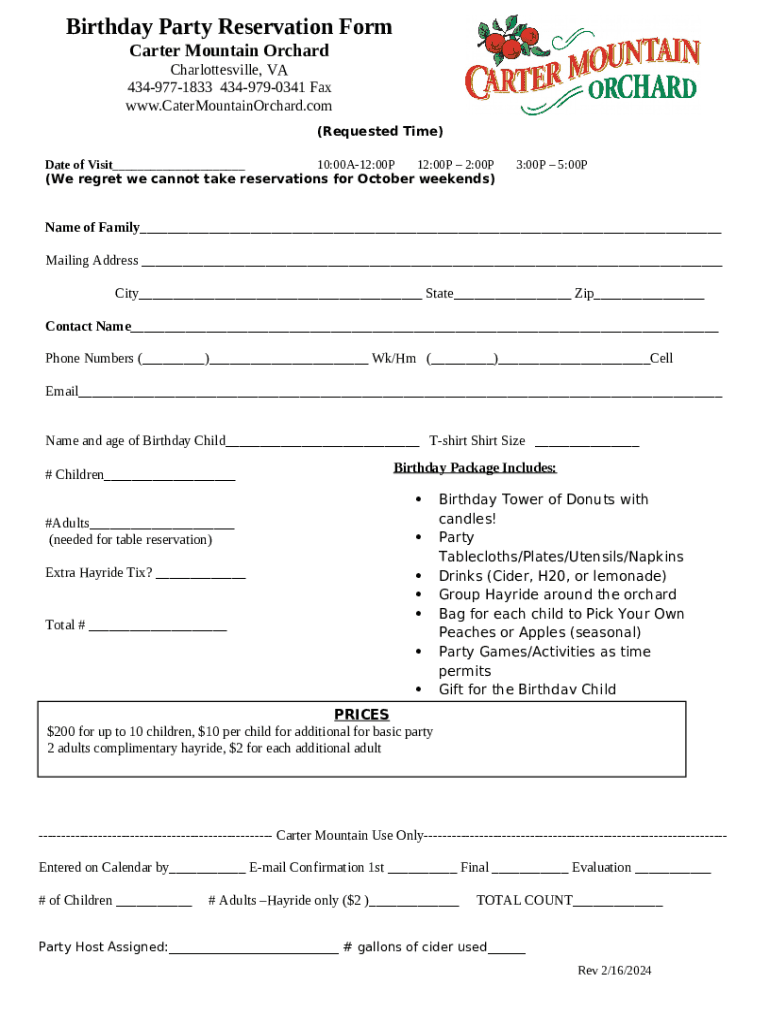 Birthday Party Reservation Carter Mountain Orchard Doc Template | pdfFiller