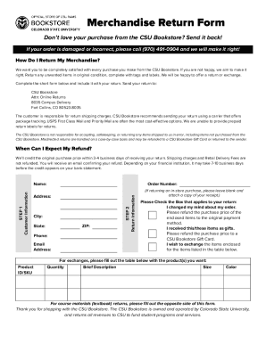Fillable Online Merchandise Return Form - CSU Bookstore Fax Email Print ...