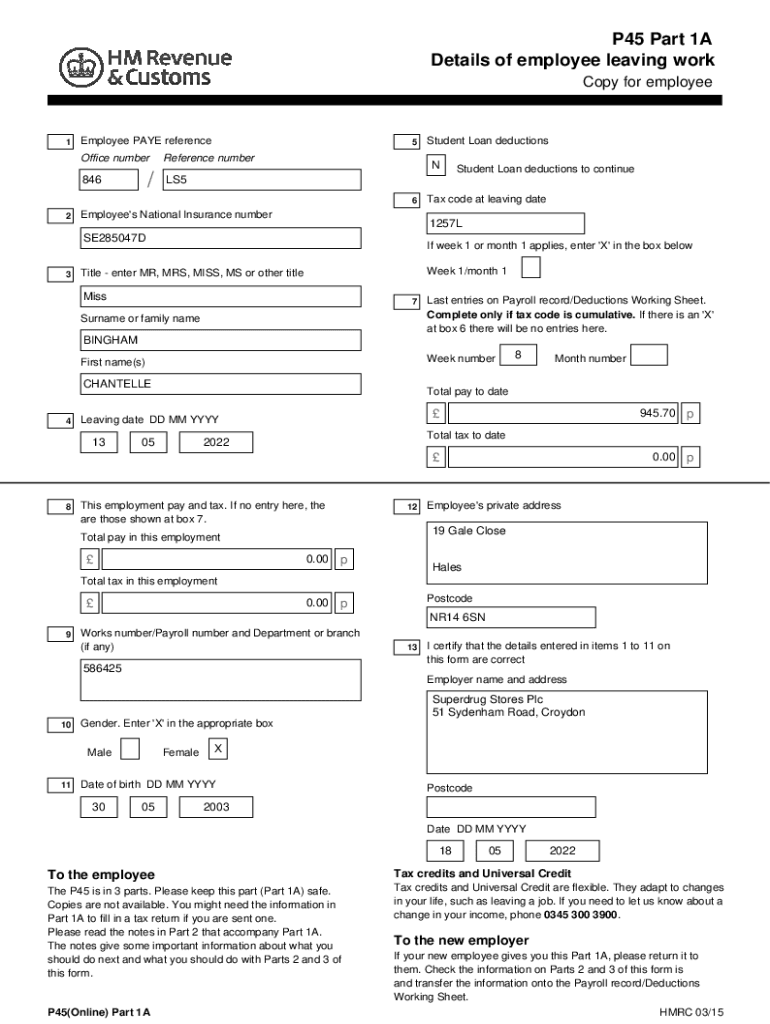 Fillable Online P45 Document Uk - Fill Online, Printable, Fillable ...