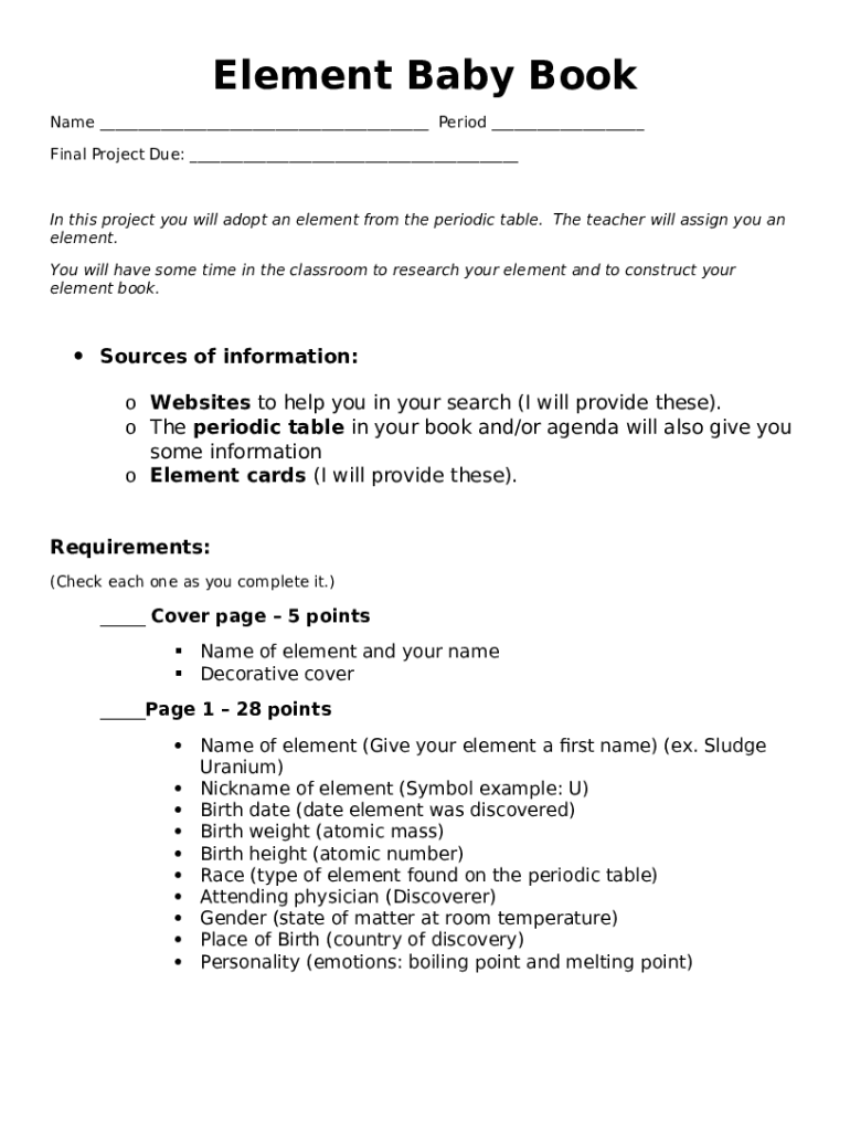 (BABY's Name) (ELEMENT)'s BABY BOOK Name PERIOD: ... Doc Template ...