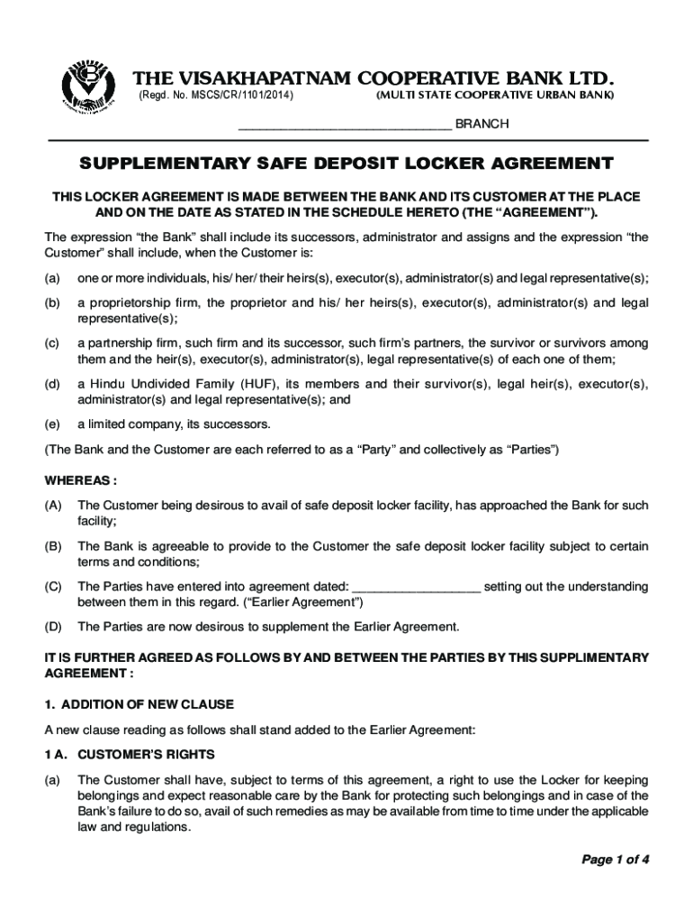Fillable Online Safe Deposit Locker Agreement: Terms, Conditions, and ...