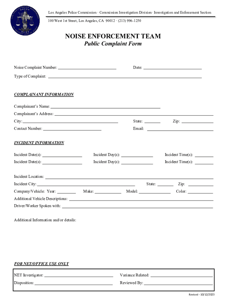 Fillable Online Noise Complaints Template Fax Email Print - pdfFiller