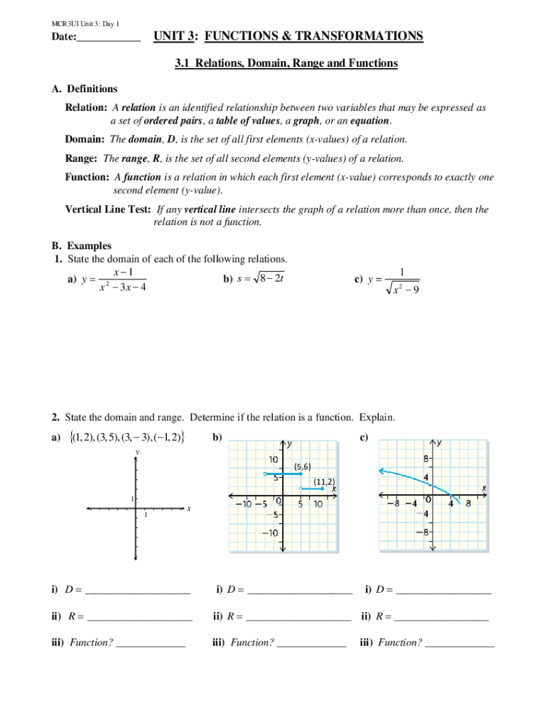 Fillable Online 3.1 Functions A relation is a set of ordered pairs (x, y). ... Fax Email Print ...
