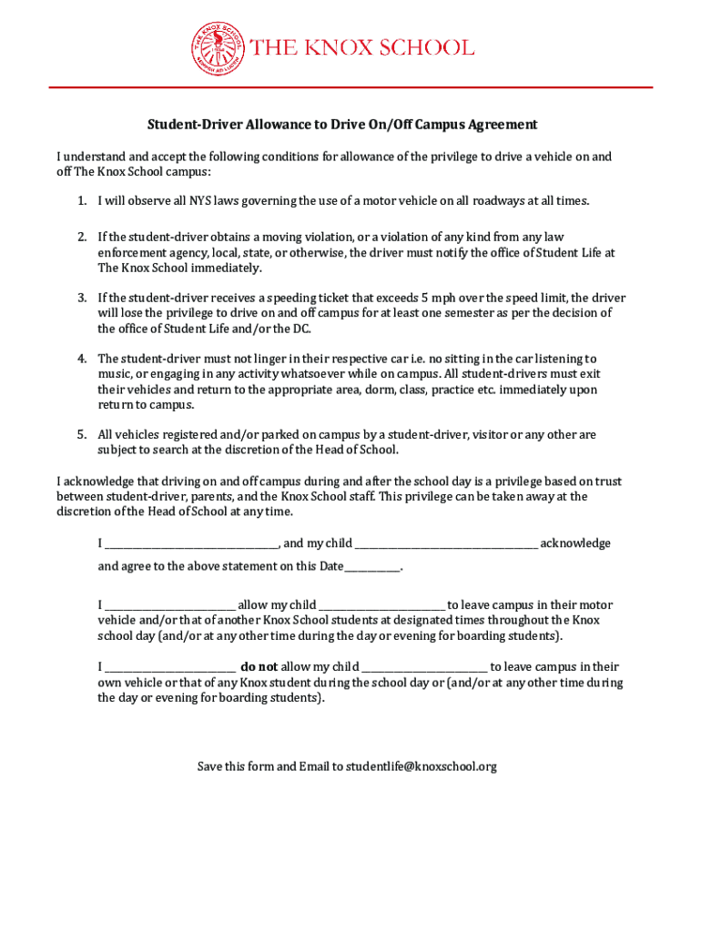 Fillable Online Student-Driver Allowance to Drive On/Off Campus ...