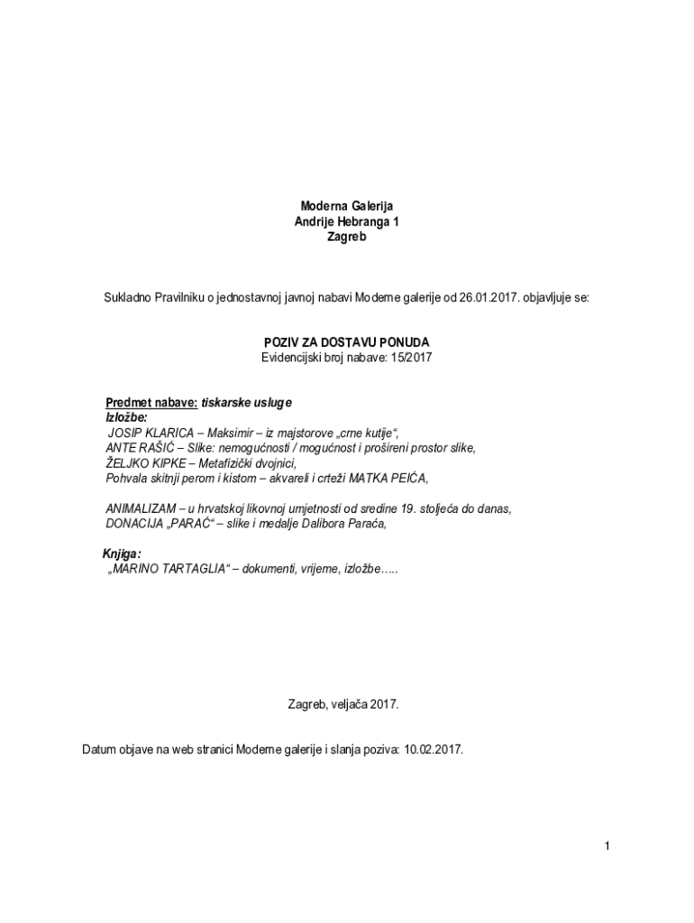 Fillable Online Sukladno Pravilniku o jednostavnoj javnoj nabavi Moderne galerije od 26 Fax ...