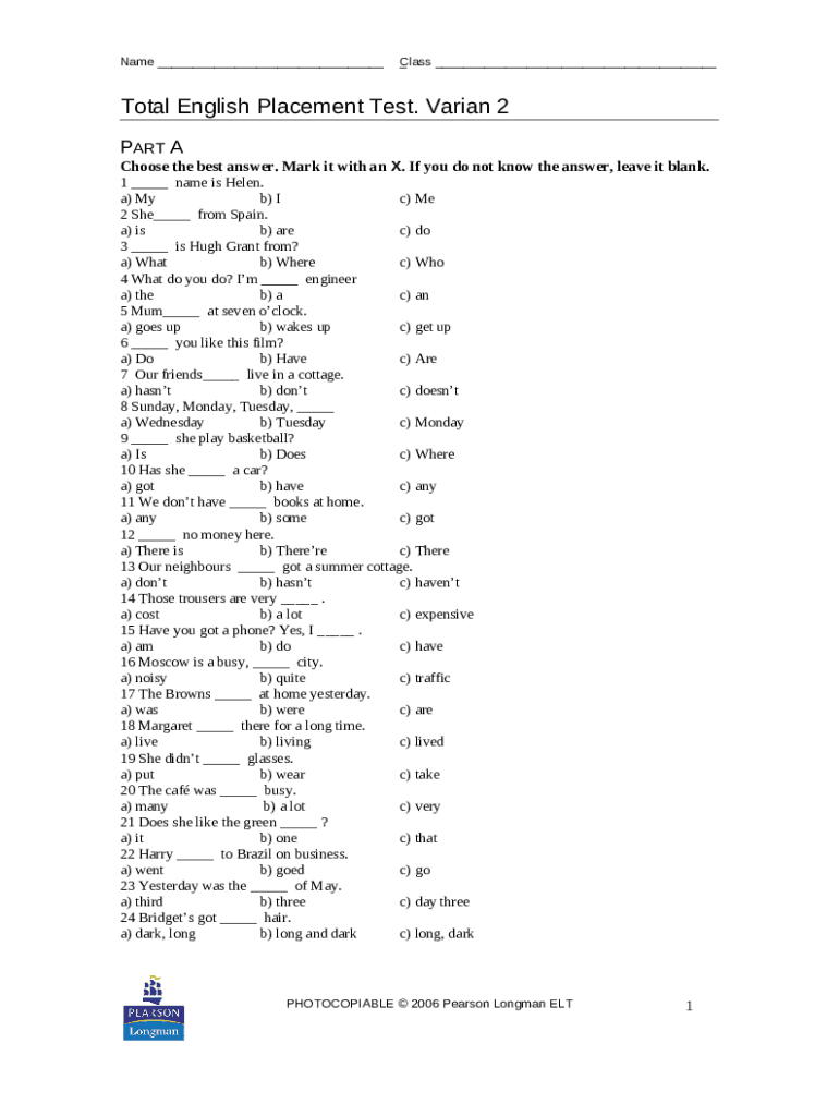 English Placement Test - Blank Fillable Template | Fill Out, Print ...