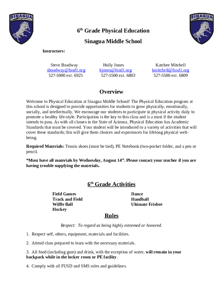 6 th Grade Physical Education Sinagua Middle School Doc Template ...