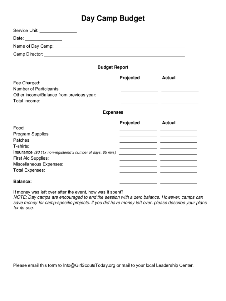 Fillable Online Day Camp Budget Worksheet Fax Email Print - pdfFiller