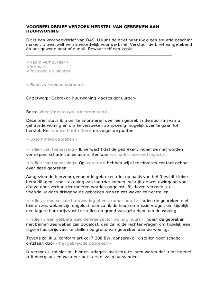 Voorbeeldbrief verzoek om gebreken in huurwoning op te ... Doc Template ...