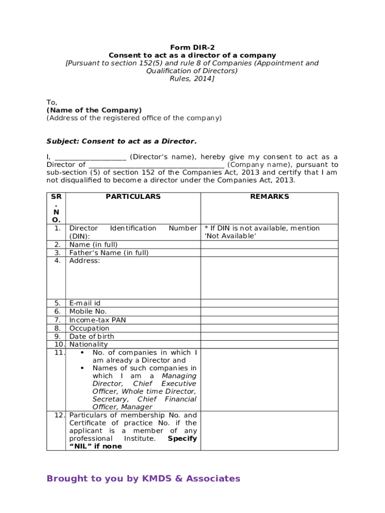 DIR-2 Consent to act as a director of a company Doc Template | pdfFiller