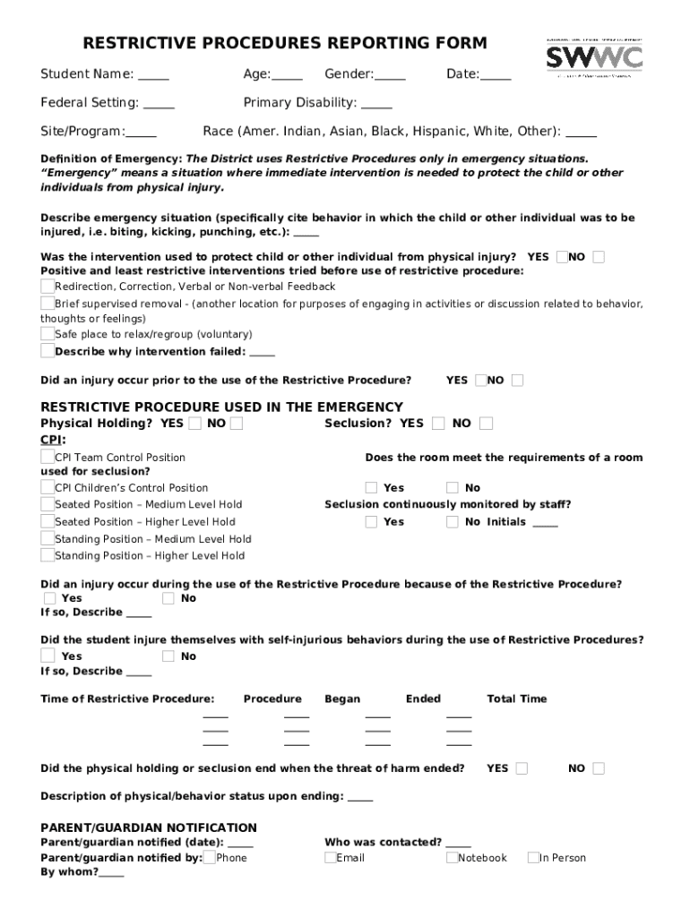 Restrictive Procedures Reporting Doc Template Pdffiller