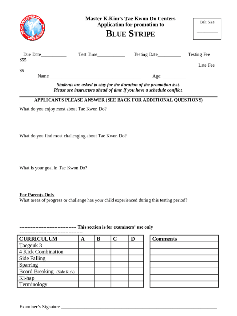 Master Chong's Tae Kwon Do Centers Promotion Test Doc Template | pdfFiller