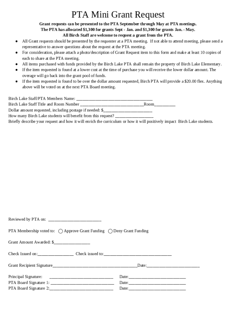 PTA Grant Request Doc Template | pdfFiller