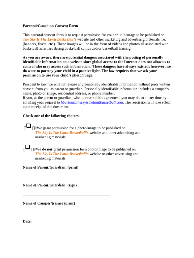 Parents Consent For Basketball - Fill Online, Printable, ... Doc ...