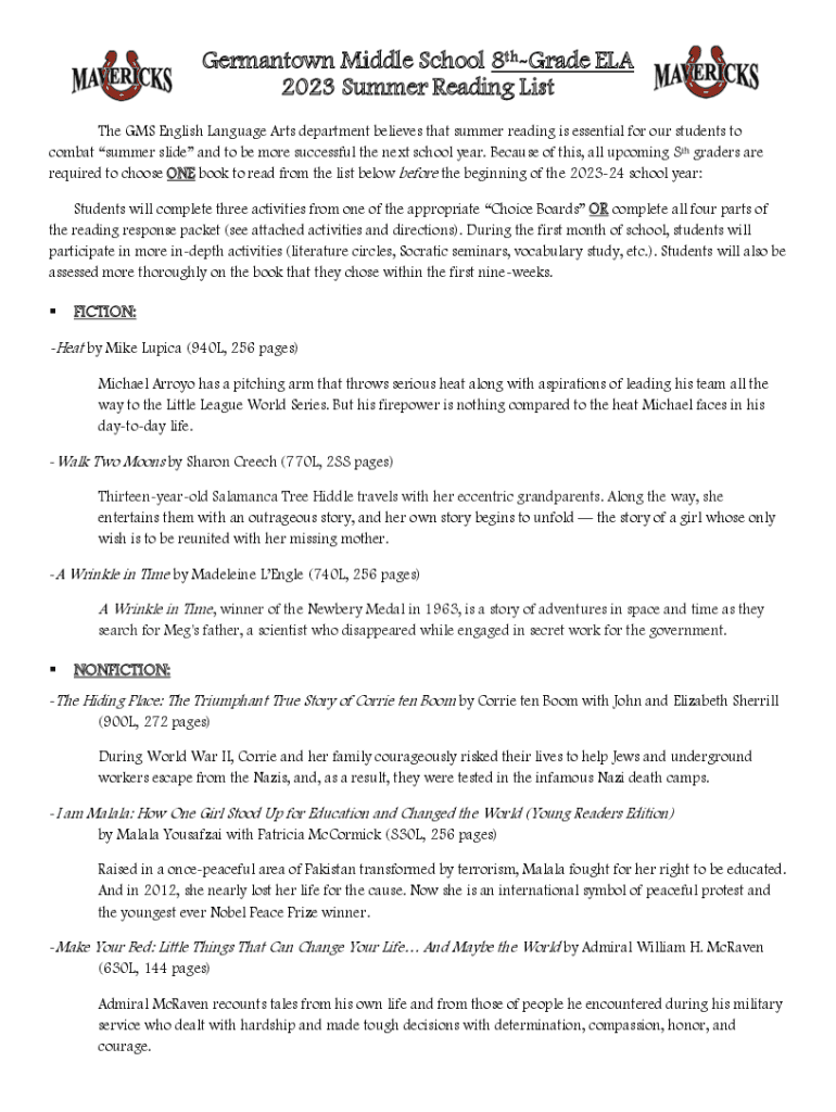 Fillable Online GMS 8th Grade ELA Summer Reading List with Activities ...