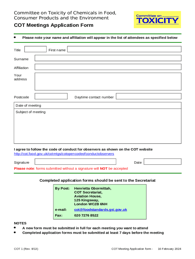 Online cot food gov COT Meetings Application Doc Template | pdfFiller
