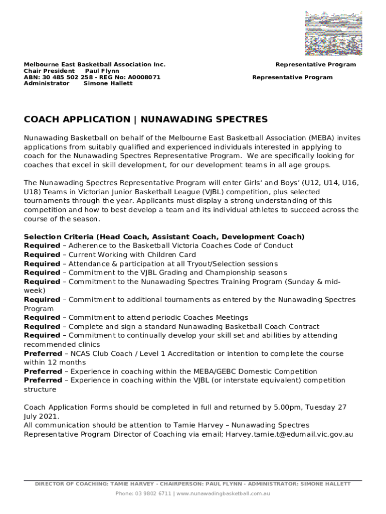 Melbourne East Basketball Association (MEBA) Registrations Doc Template ...