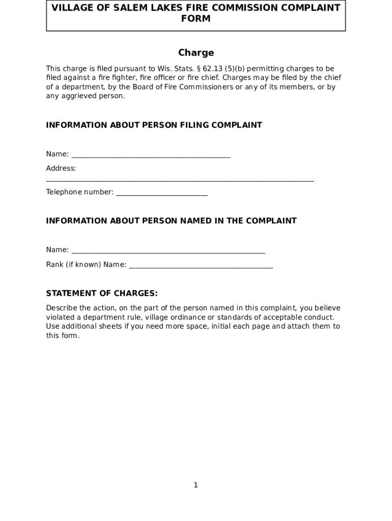 Village of salem lakes fire commission complaint Doc Template | pdfFiller