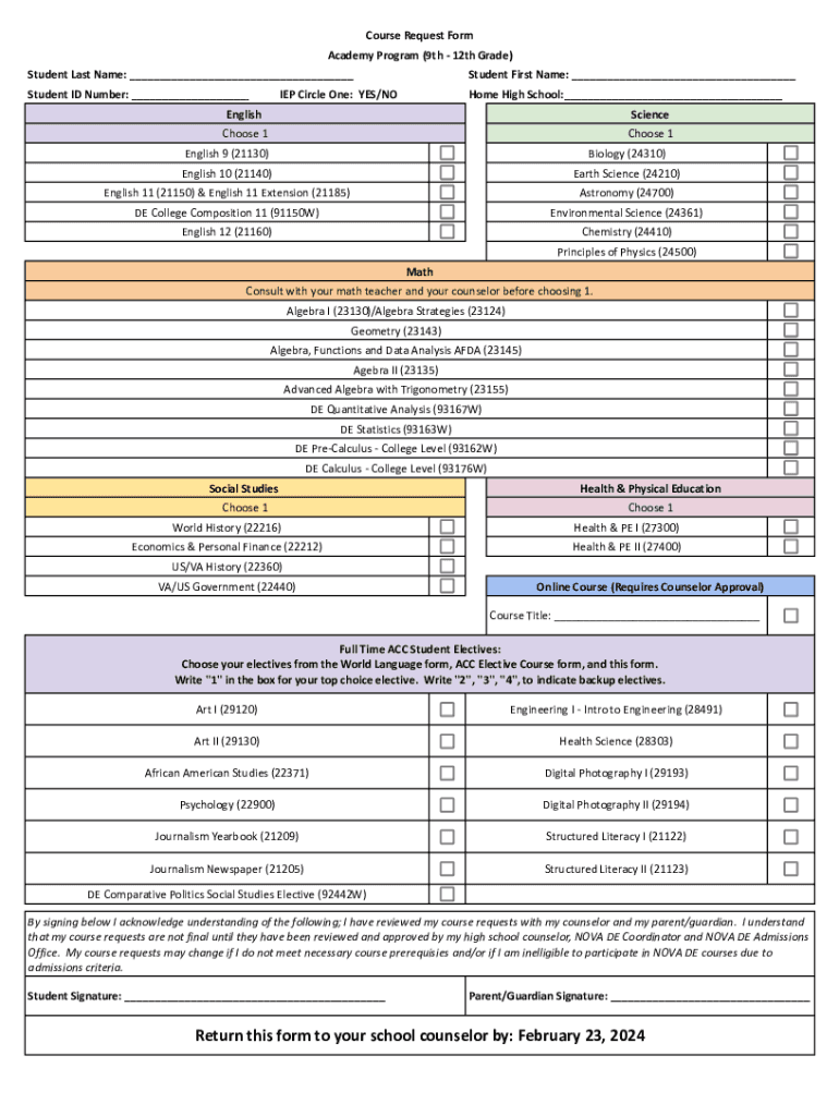 Fillable Online careercenter apsva Grade 8 Course Request Sheet Fax Email Print - pdfFiller