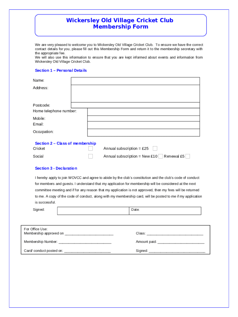 Wickersley Old Village Cricket Club Membership Doc Template | pdfFiller