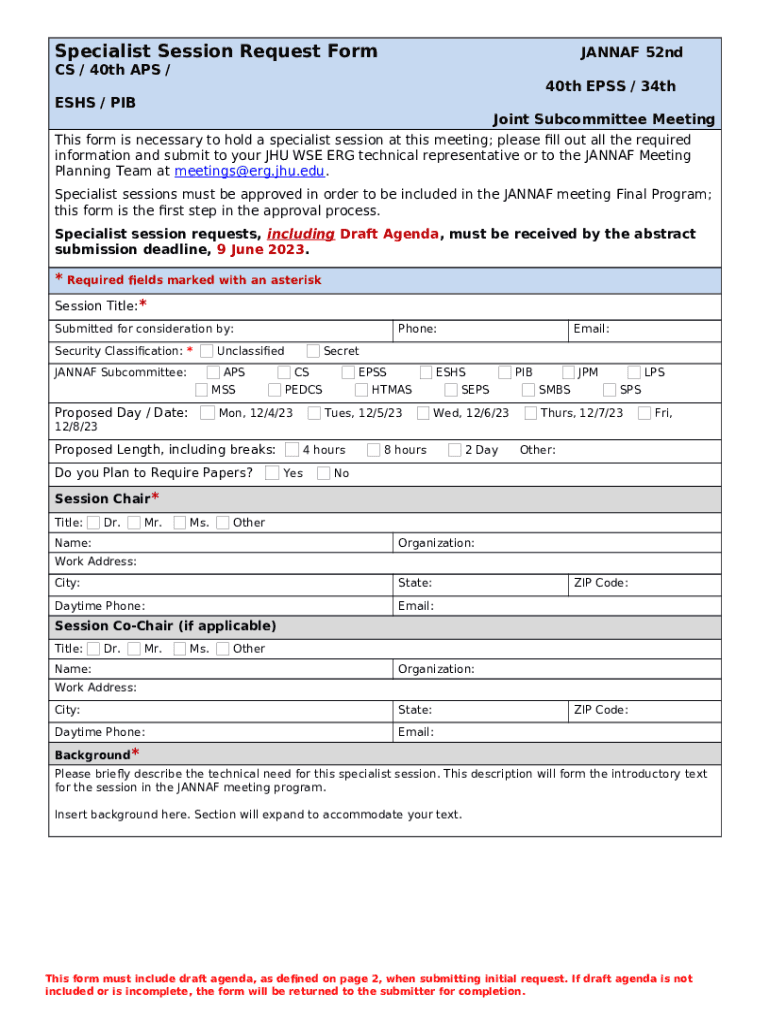 Specialist Session Request JANNAF 52nd CS / 40th APS / Doc Template ...
