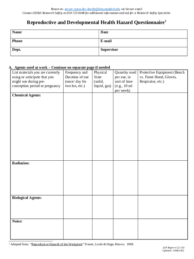 Reproductive and Developmental Health Hazard Questionnaire - ehs ...