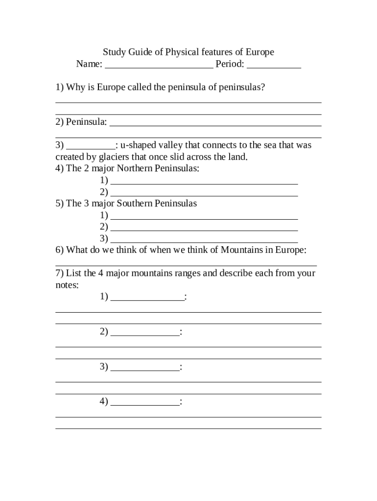 Study Guide of Physical features of Europe Doc Template | pdfFiller
