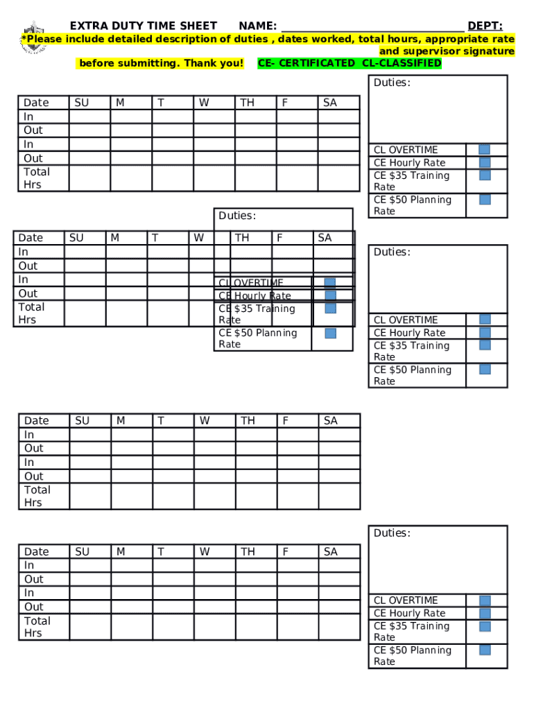 Extra Duty Time Sheet Doc Template | pdfFiller