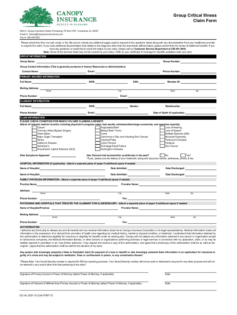 Fillable Online Group Critical Illness Claim Form - Canopy Insurance ...