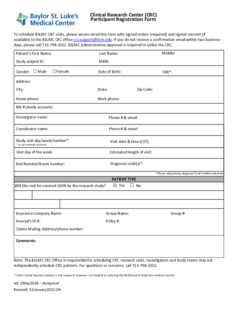 Fillable Online Call Center Research Visit Registration Form - St. Luke's Health Fax Email Print ...