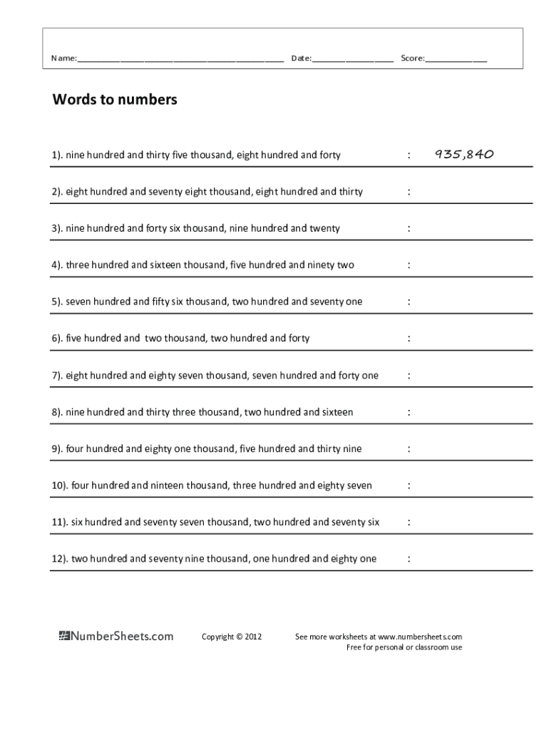 Fillable Online Grade 5 Words to Numbers Worksheet 3 Fax Email Print ...